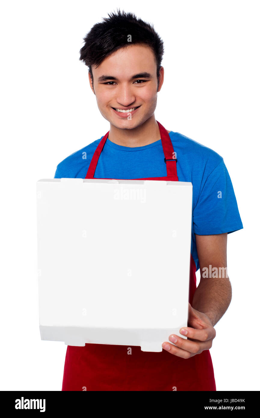 Isolated male chef holding pizza box Stock Photo - Alamy