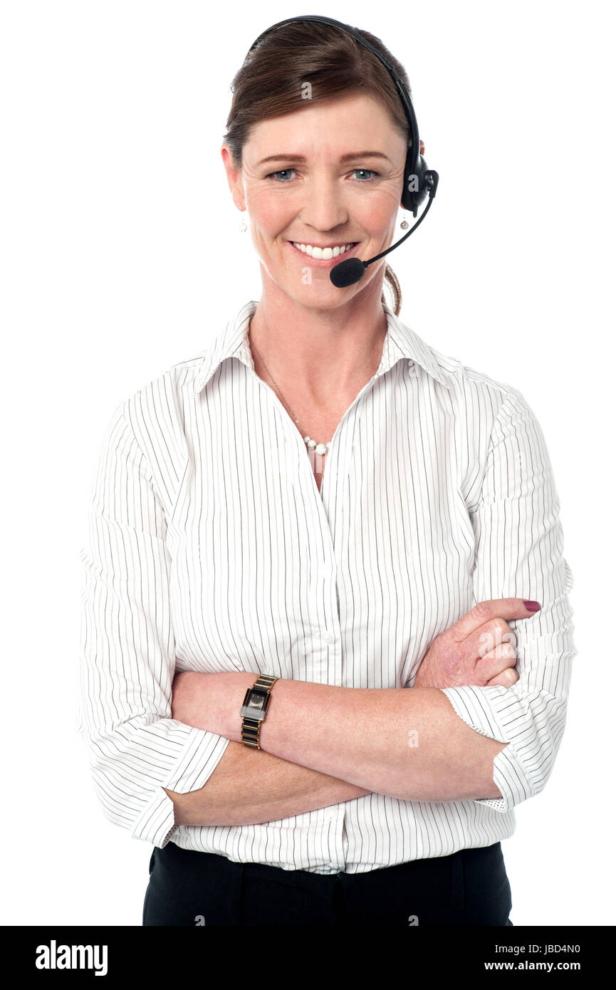 Cheerful female telecaller wearing headset hi-res stock photography and ...