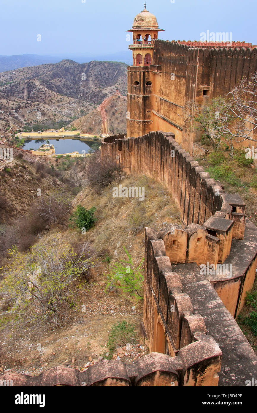 Defensive wall of Jaigarh Fort on the top of Hill of Eagles near Jaipur ...