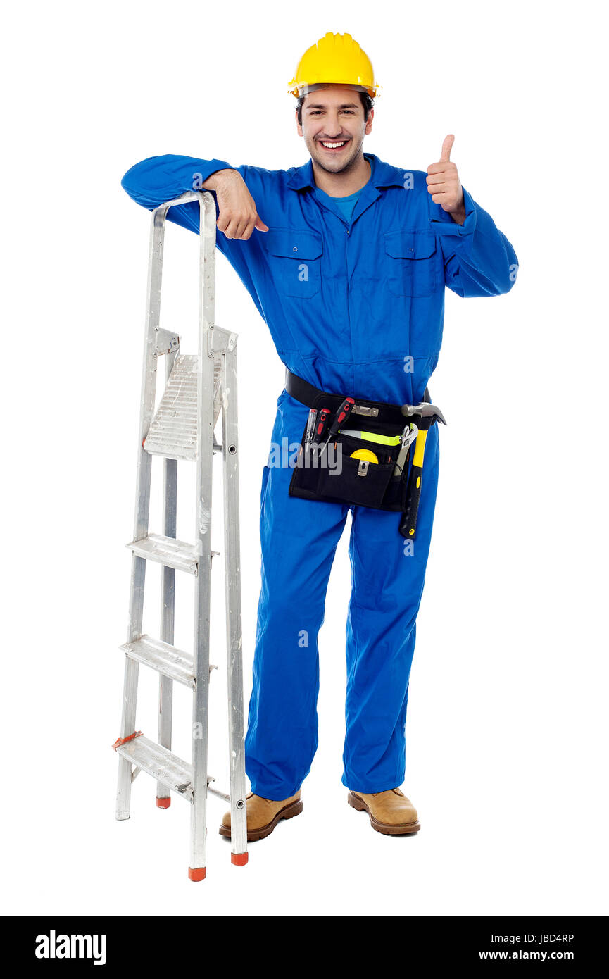 man with ladder, helmet and toolkit Stock Photo - Alamy
