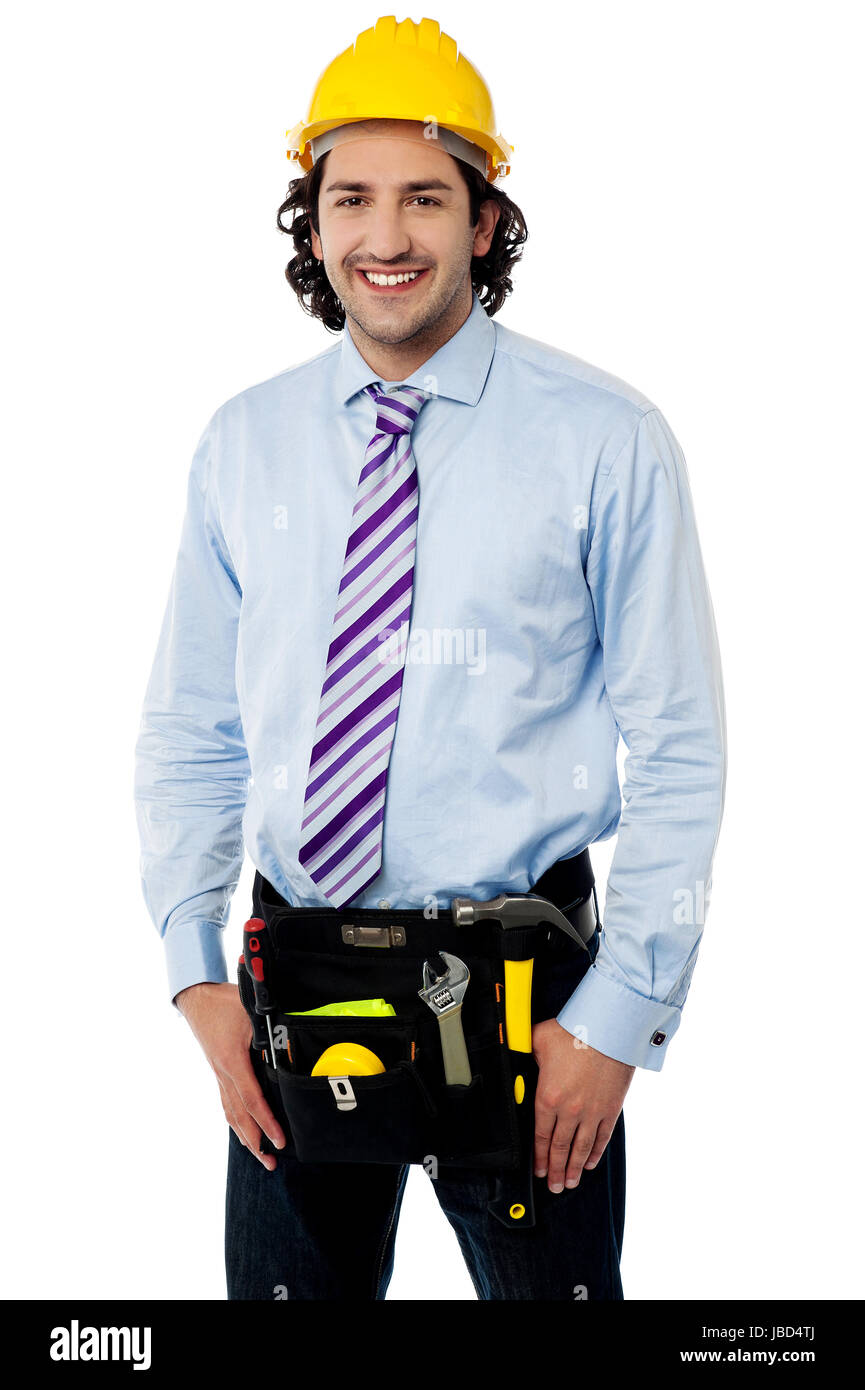 Happy civil engineer in a hard hat with tool kit Stock Photo - Alamy