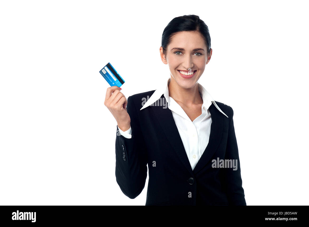 Smiling female manager holding up credit card Stock Photo - Alamy