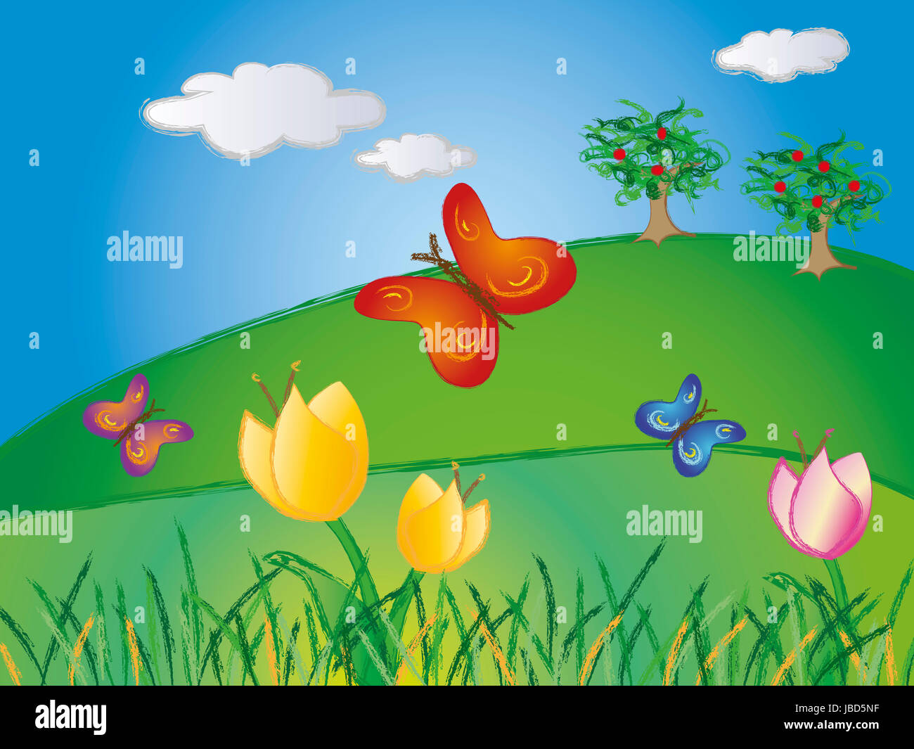 illustration of spring landscape with flowers and butterfly Stock Photo ...