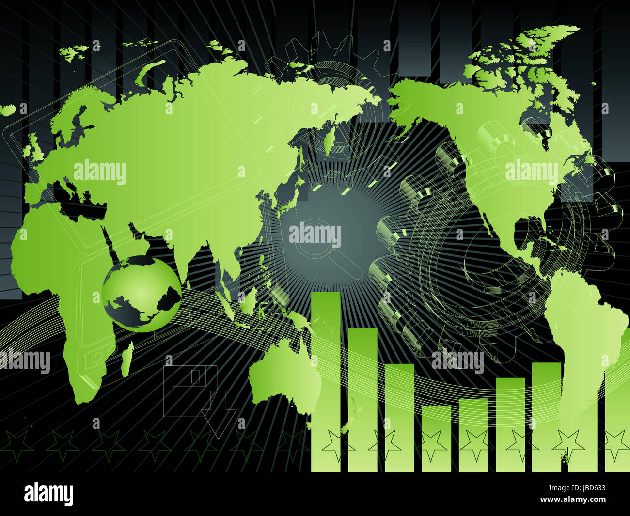 Vector illustrated background with map of the world and objects of ...