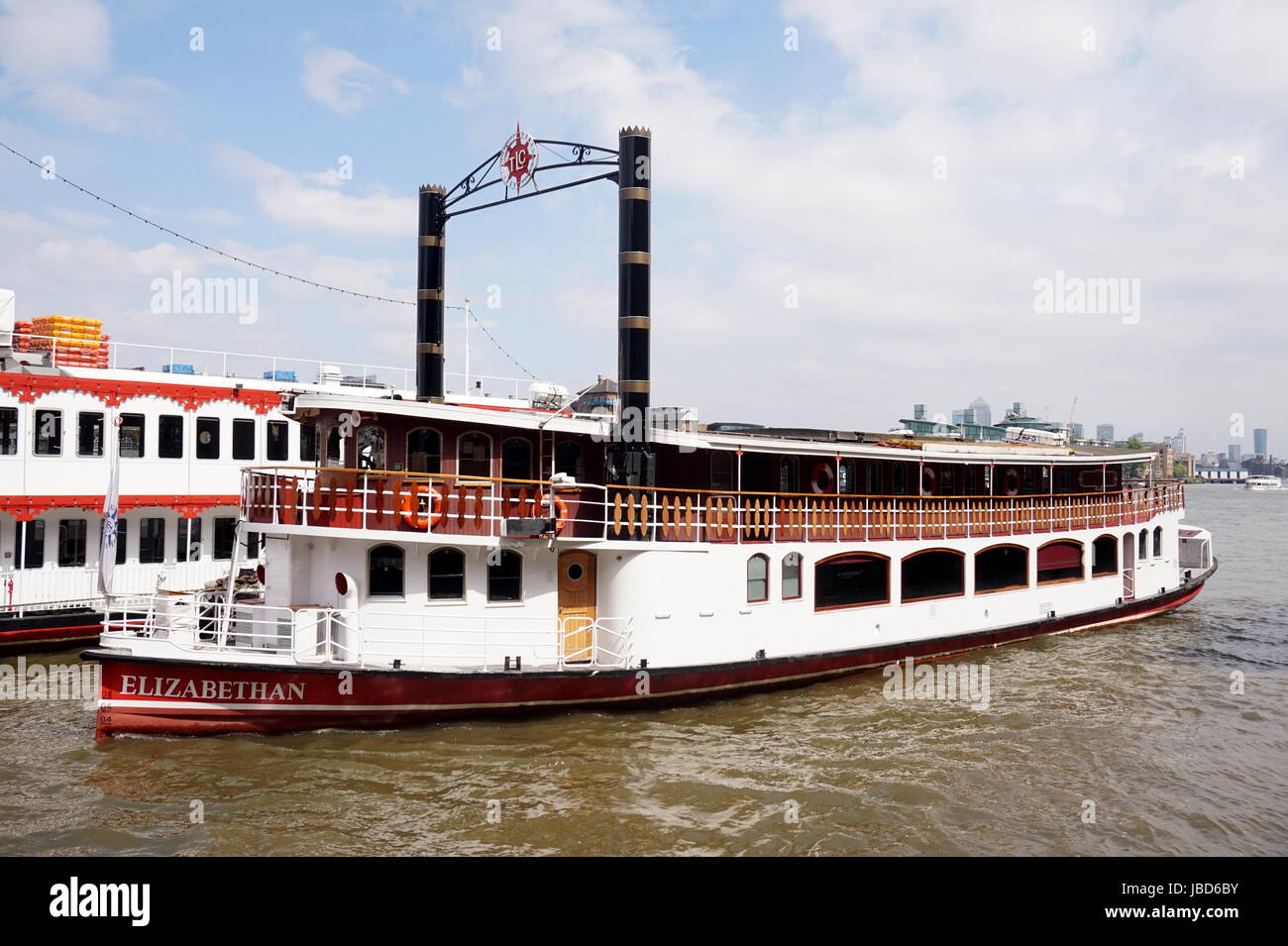 A steamboat called the Elizabethan docked on the River Thames, London ...