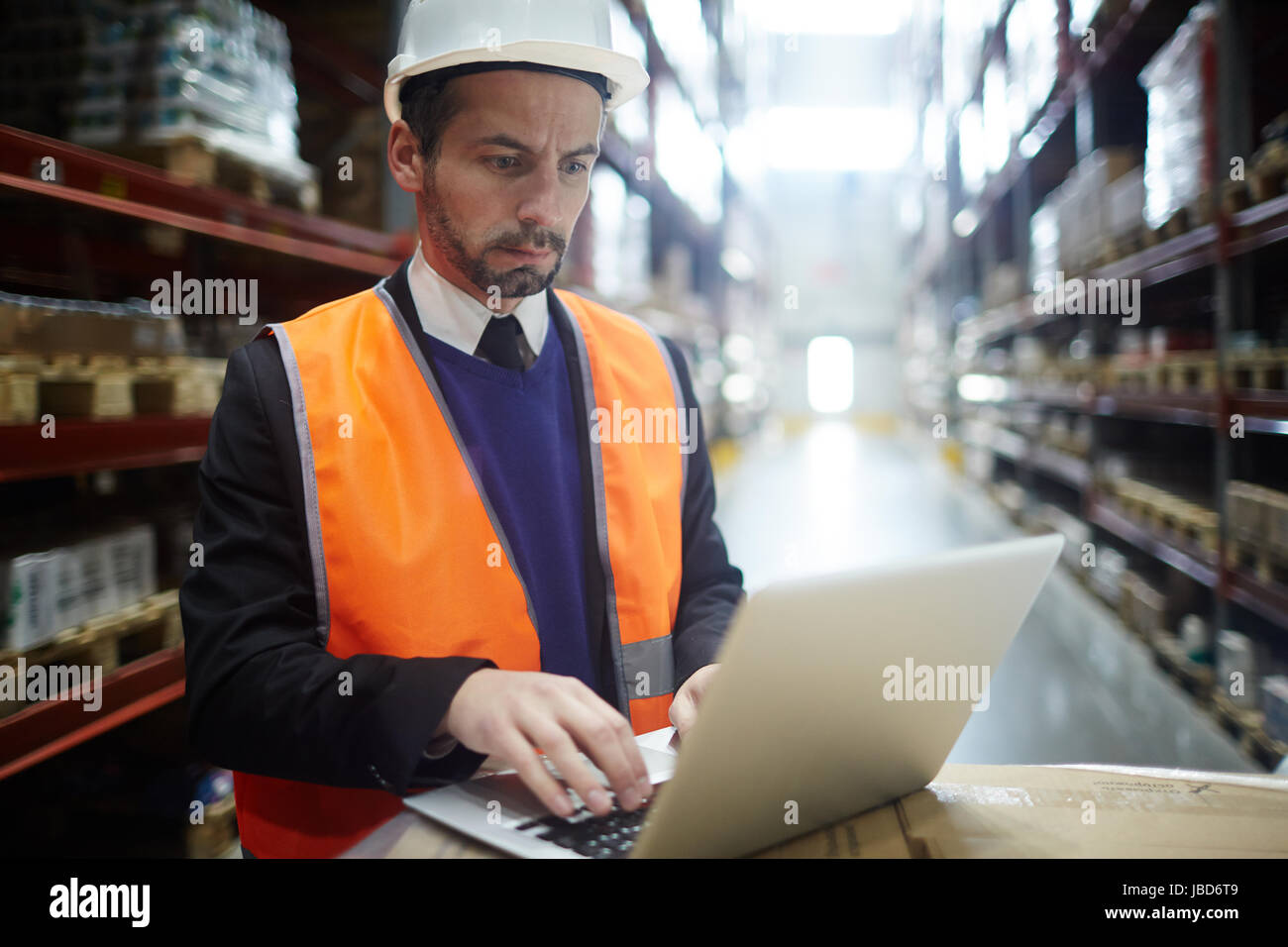 Supervisor with laptop networking in warehouse Stock Photo - Alamy