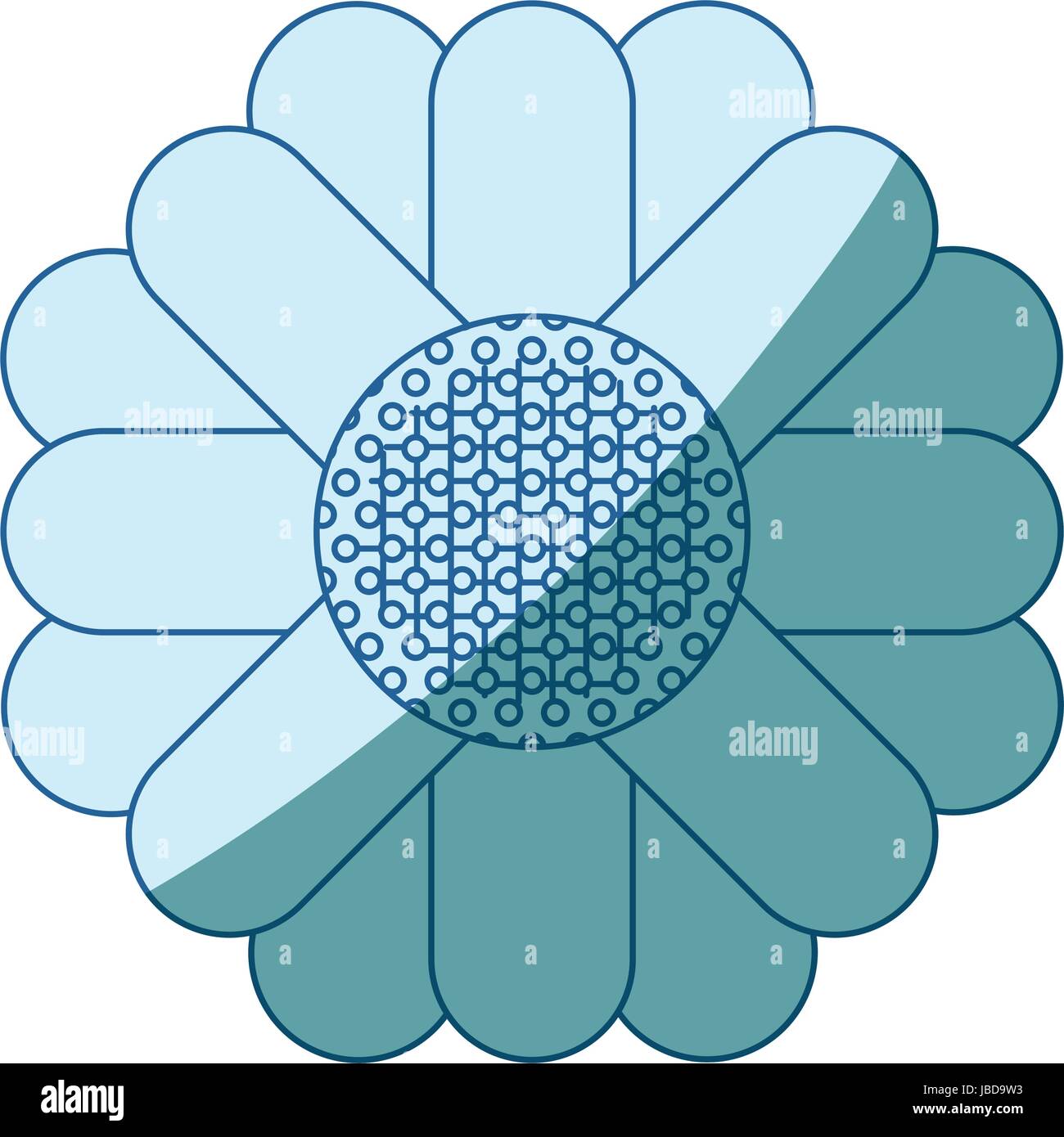 blue shading silhouette of abstract sunflower in closeup with contour ...