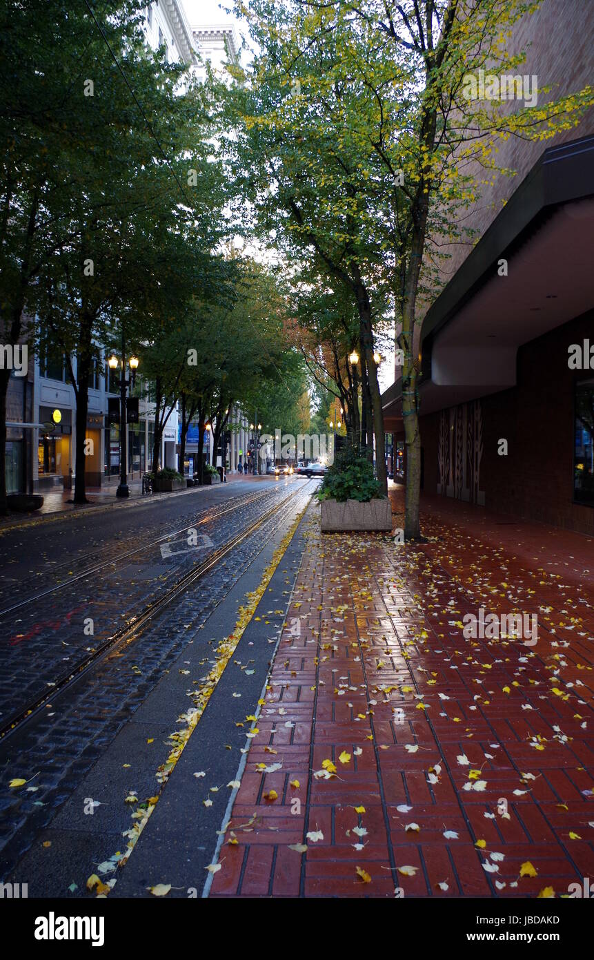 Downtown Portland, Oregon, street on a rainy fall morning before the ...