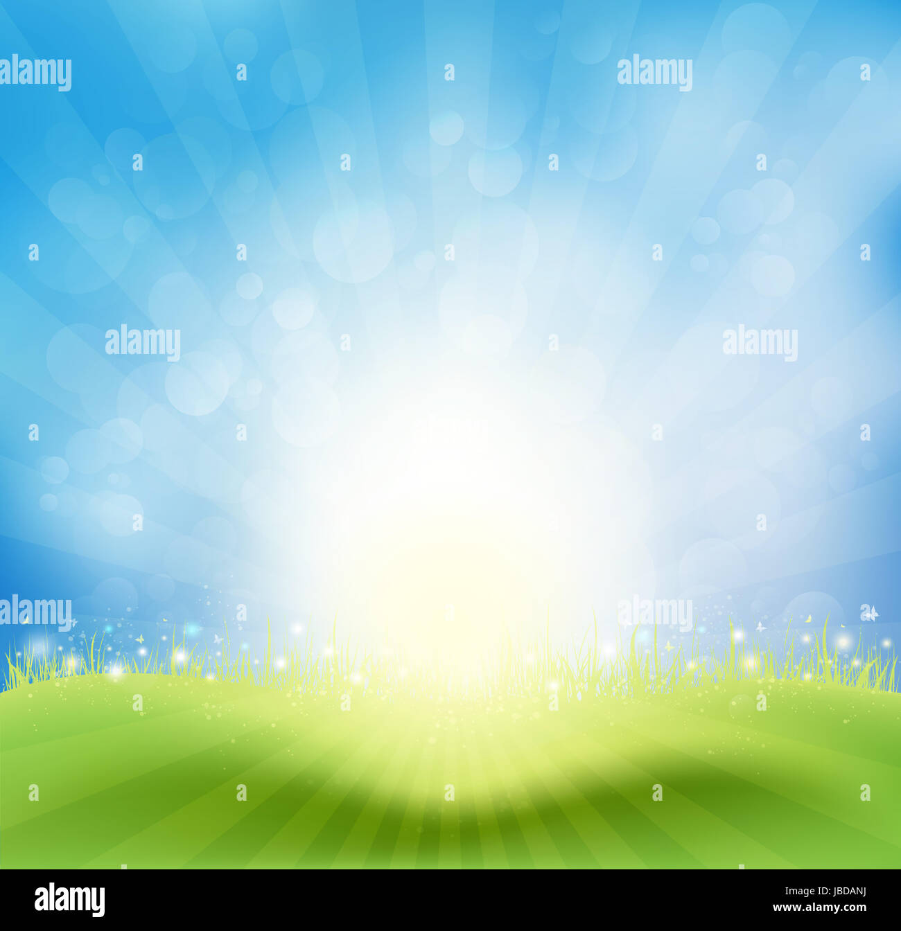 Spring Background With Sky, Sun Rays And Butterflies Stock Photo - Alamy