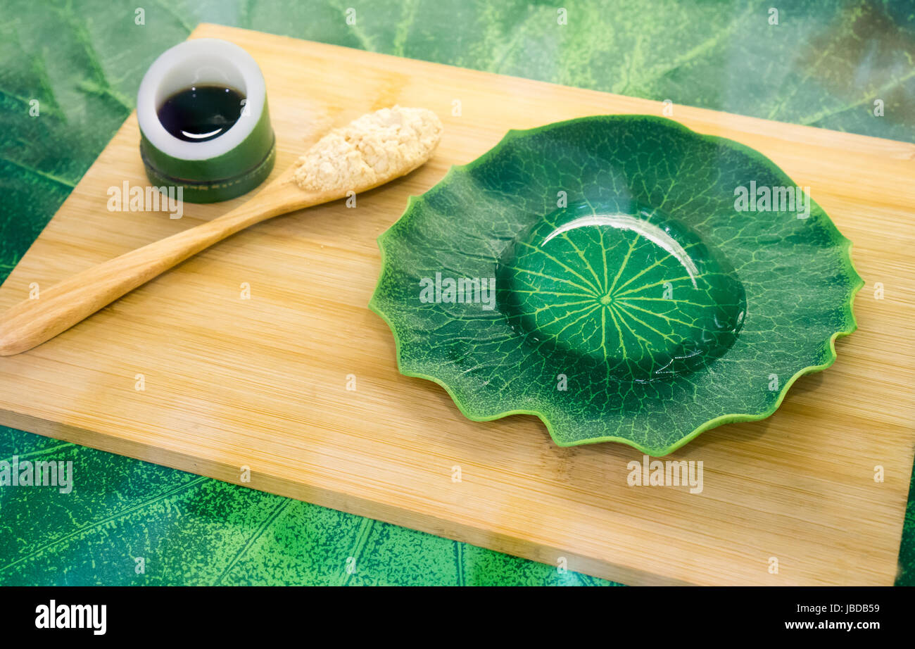 Mizu Shingen Mochi, popular Japanese dessert, on lotus leaf with ...