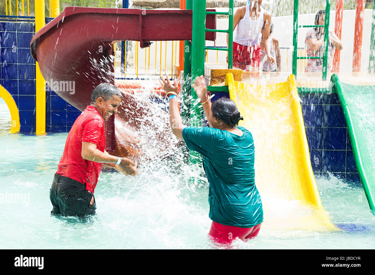 2 Senior Couple Bathing Waterpark Enjoy Swimming Pool Having Fun Stock ...