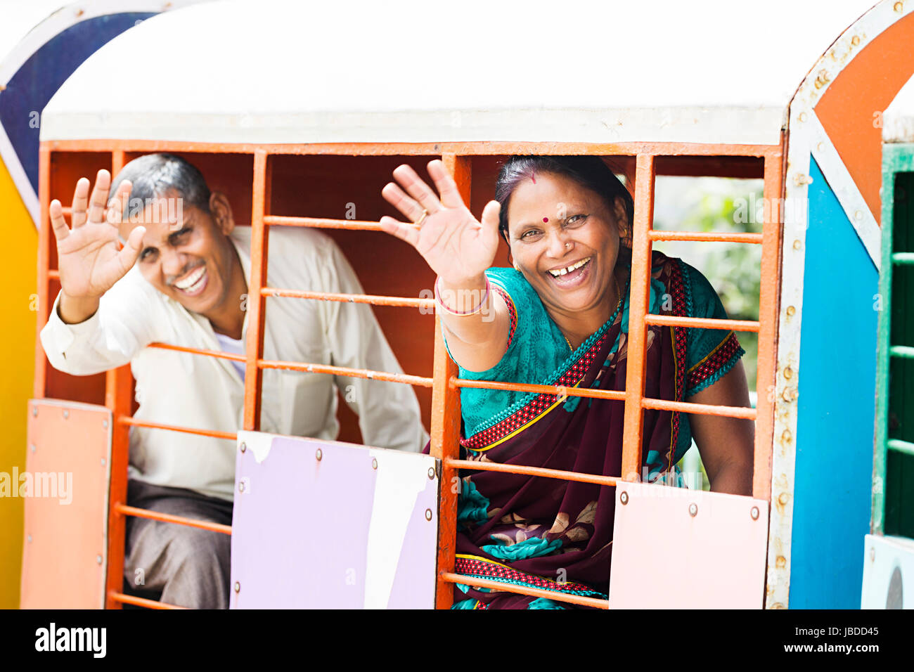 2 Indian Senior Couple Ride Train Fun Enjoy Hands Bye-Bye Stock Photo ...