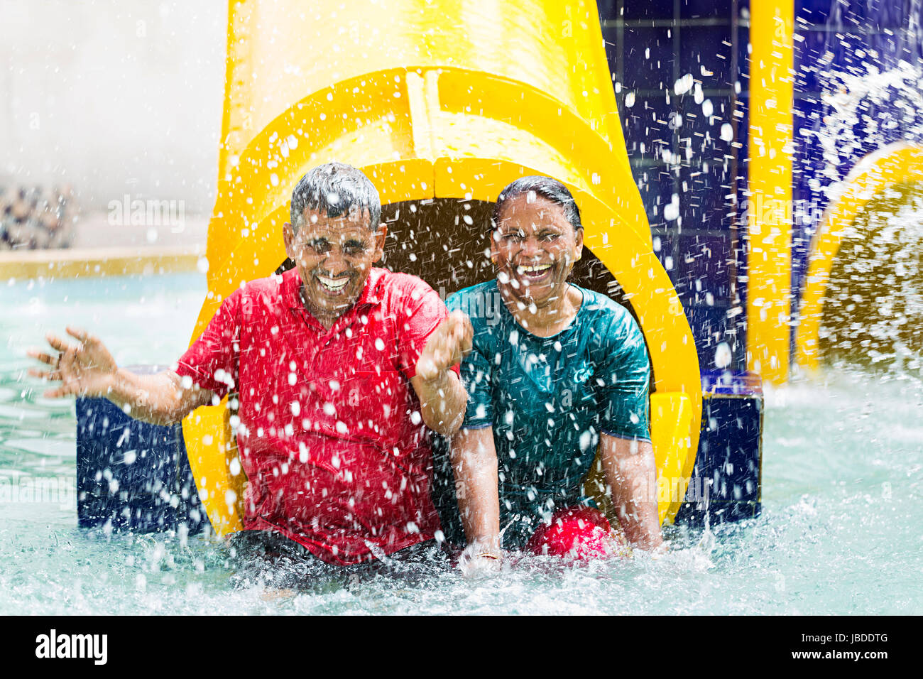 Happy 2 Senior Couple Bathing Waterpark Enjoy Summer Vacation Stock ...