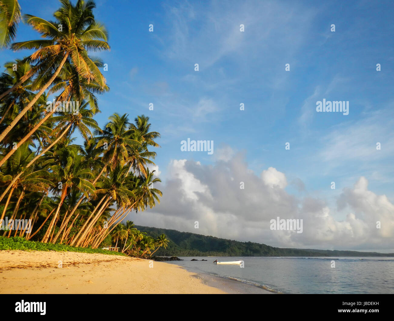 Sandy beach in Lavena village on Taveuni Island, Fiji. Taveuni is the ...