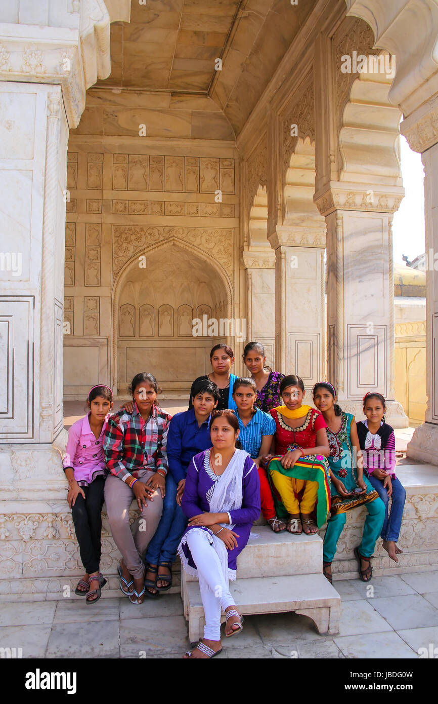 People sitting at Khas Mahal in Agra Fort, Uttar Pradesh, India. The ...