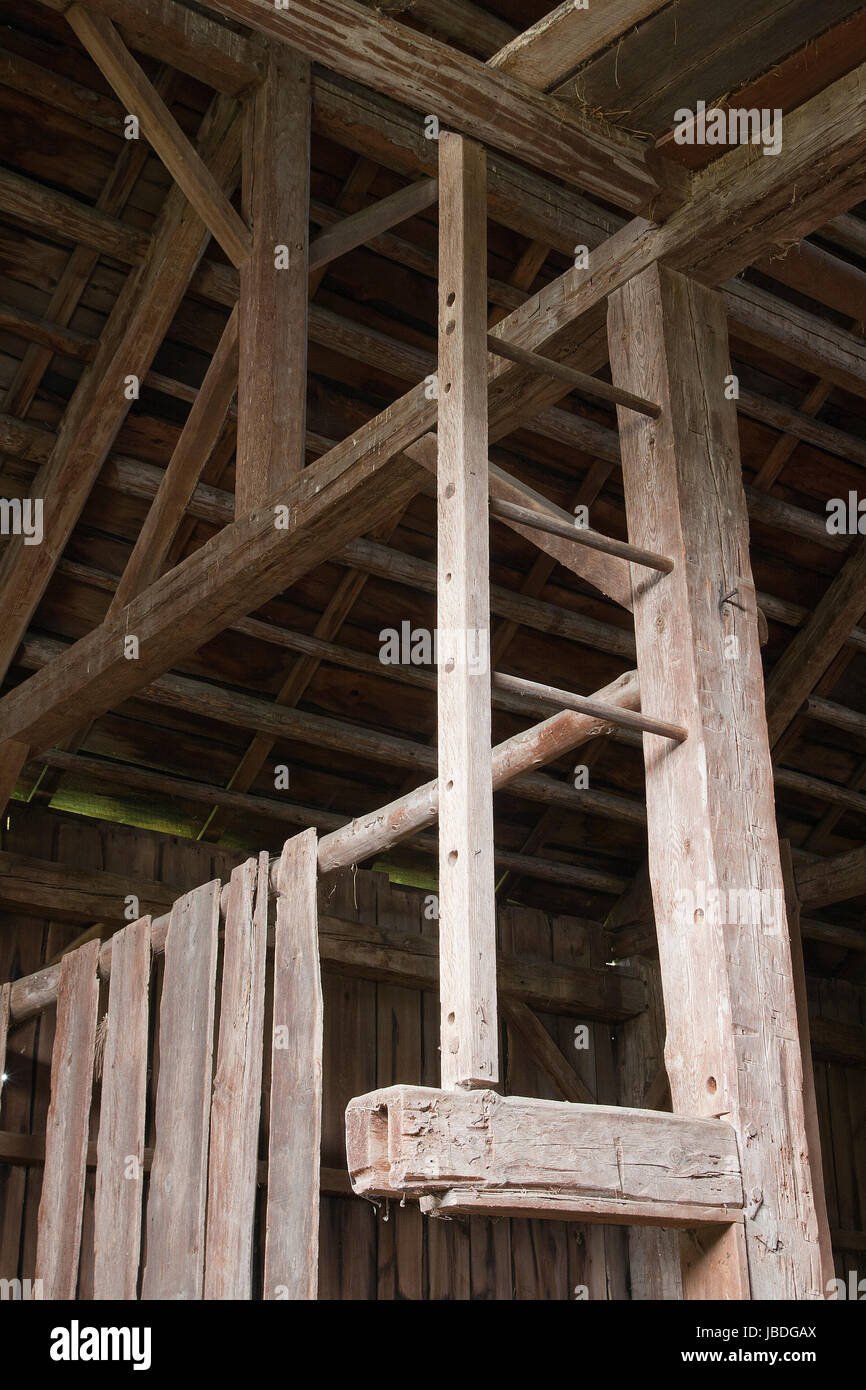 Antique wooden ladder going to the rooftop of an abandoned old wooden ...