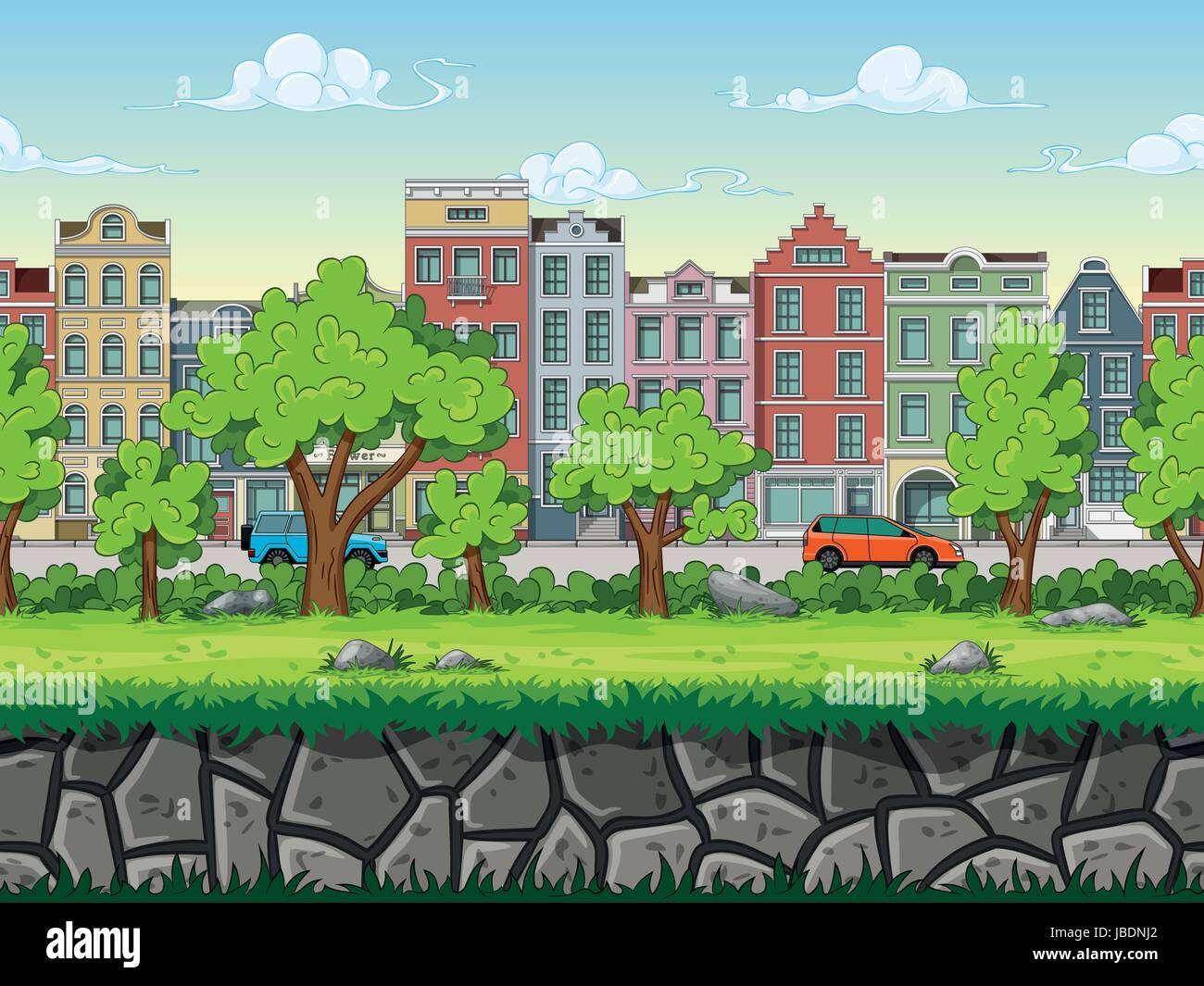 Seamless cartoon cityscape background. Vector illustration with ...
