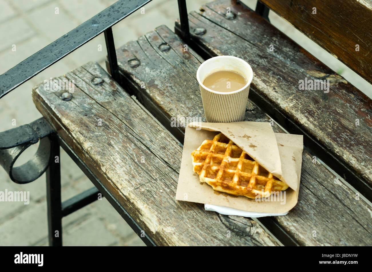 Coffee with cream and Belgian waffle. View from above Stock Photo - Alamy