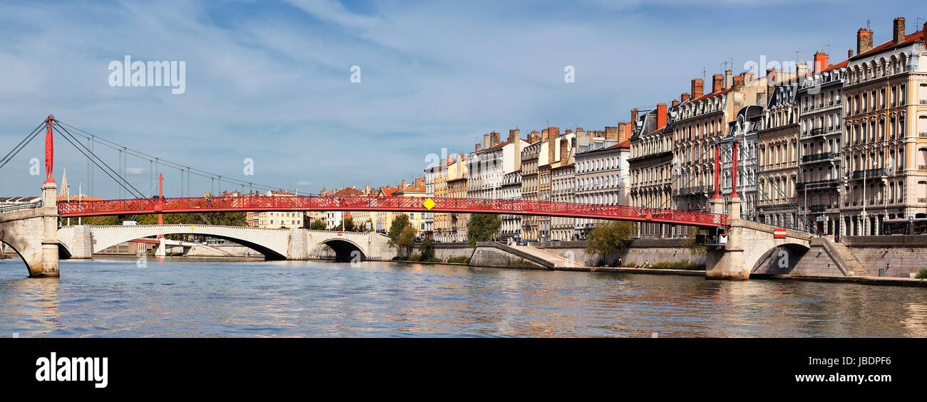 Lyon city with red footbridge in summer Stock Photo - Alamy