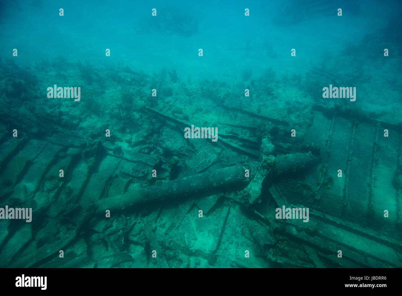 Shipwreck scuba adventure on caribbean blue sea. Reef with ship wreck ...