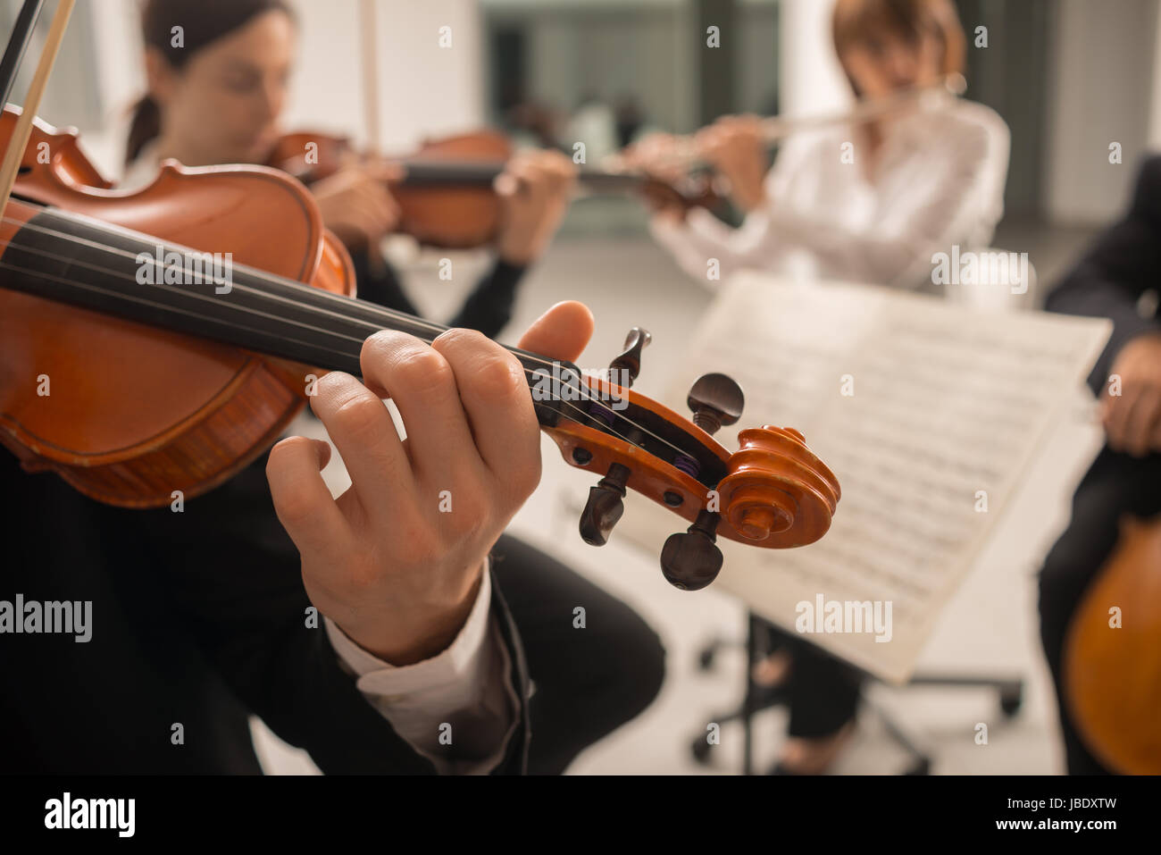 Confident violinist playing his instrument and reading a music sheet ...