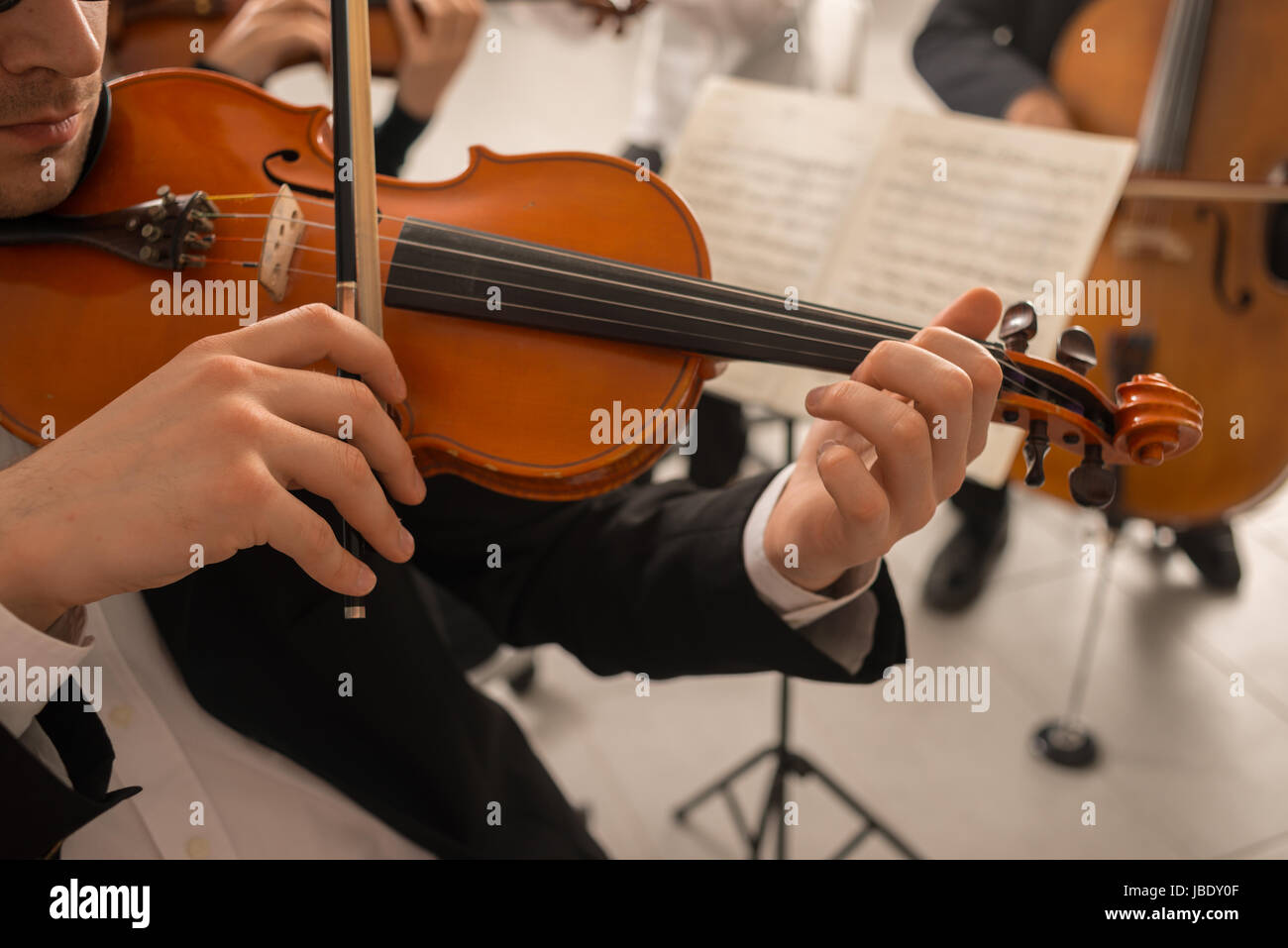 Confident violinist playing his instrument and reading a music sheet ...