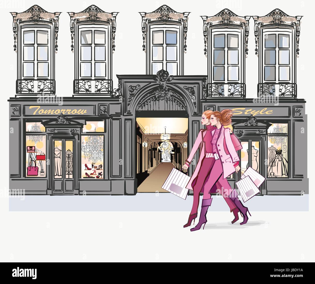 Two young fashionable women shopping - vector illustration Stock Vector ...