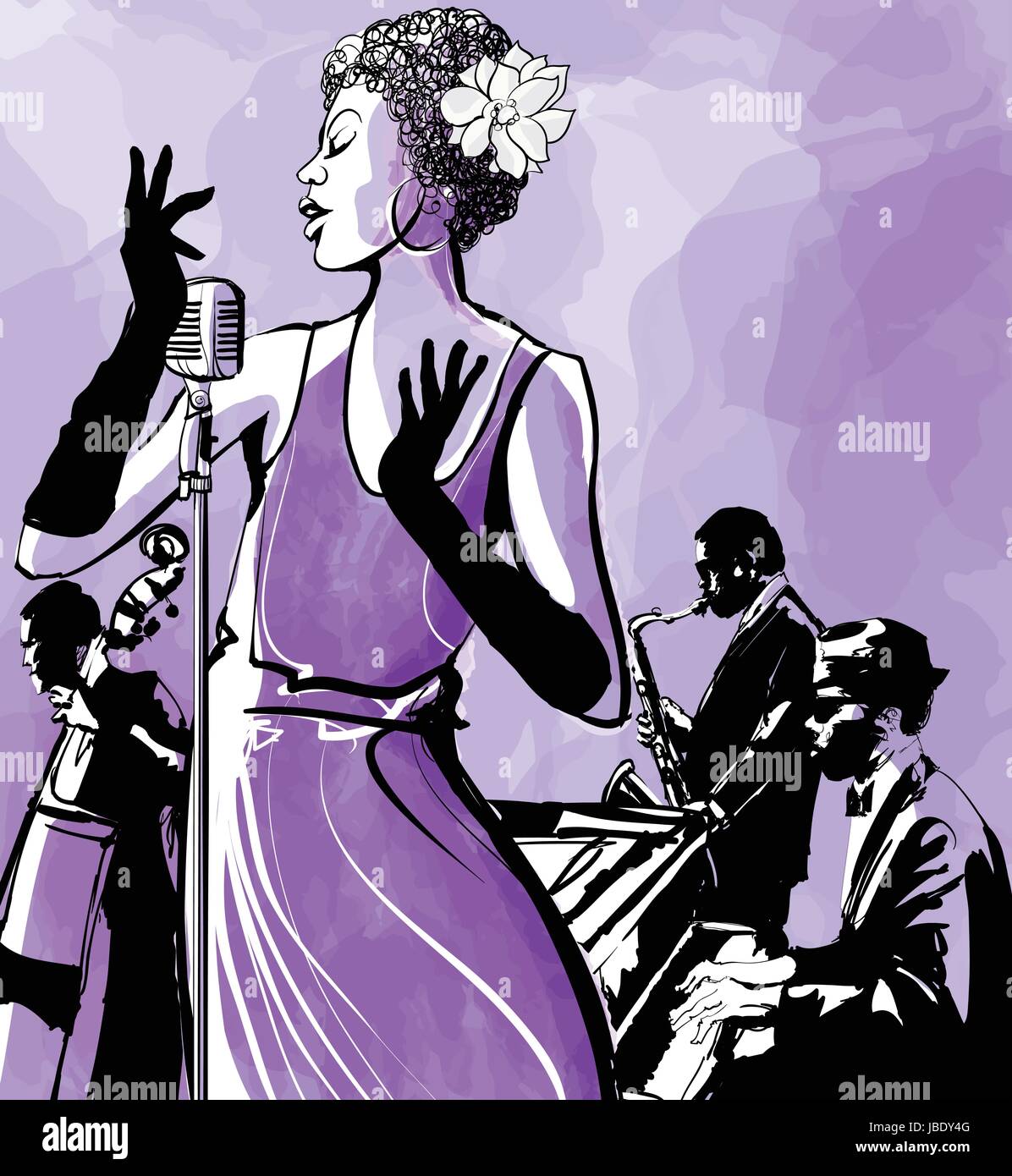 Jazz singer with saxophone, double bass and piano - Vector illustration ...