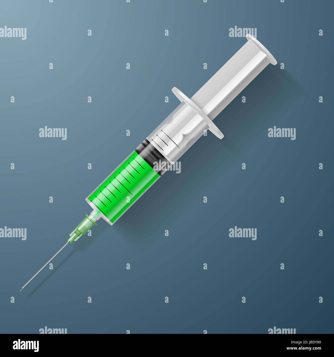 Medical syringe with green liquid on blue background Stock Photo - Alamy