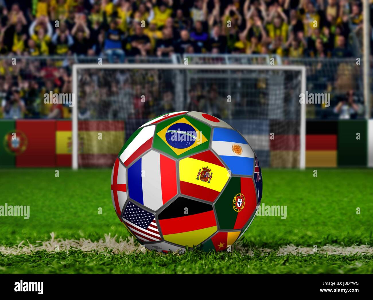 Soccer Ball with Flags and Goal Facing Crowds Stock Photo - Alamy