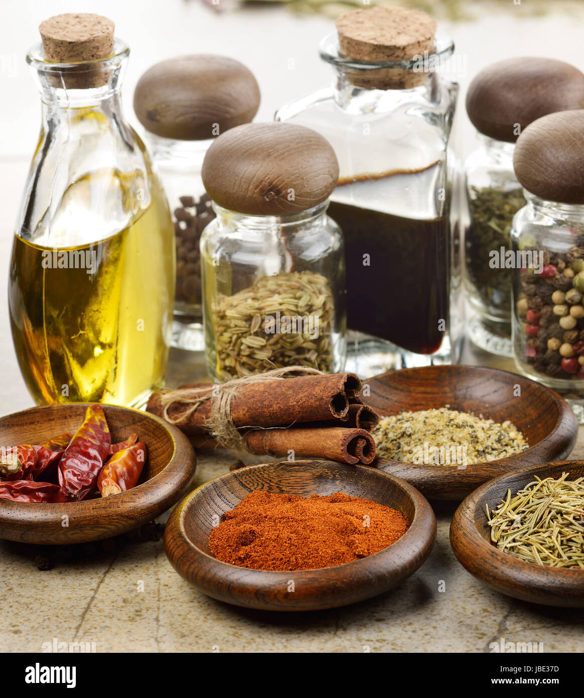 Assortment Of Spices Cooking Oil And Vinegar Stock Photo - Alamy