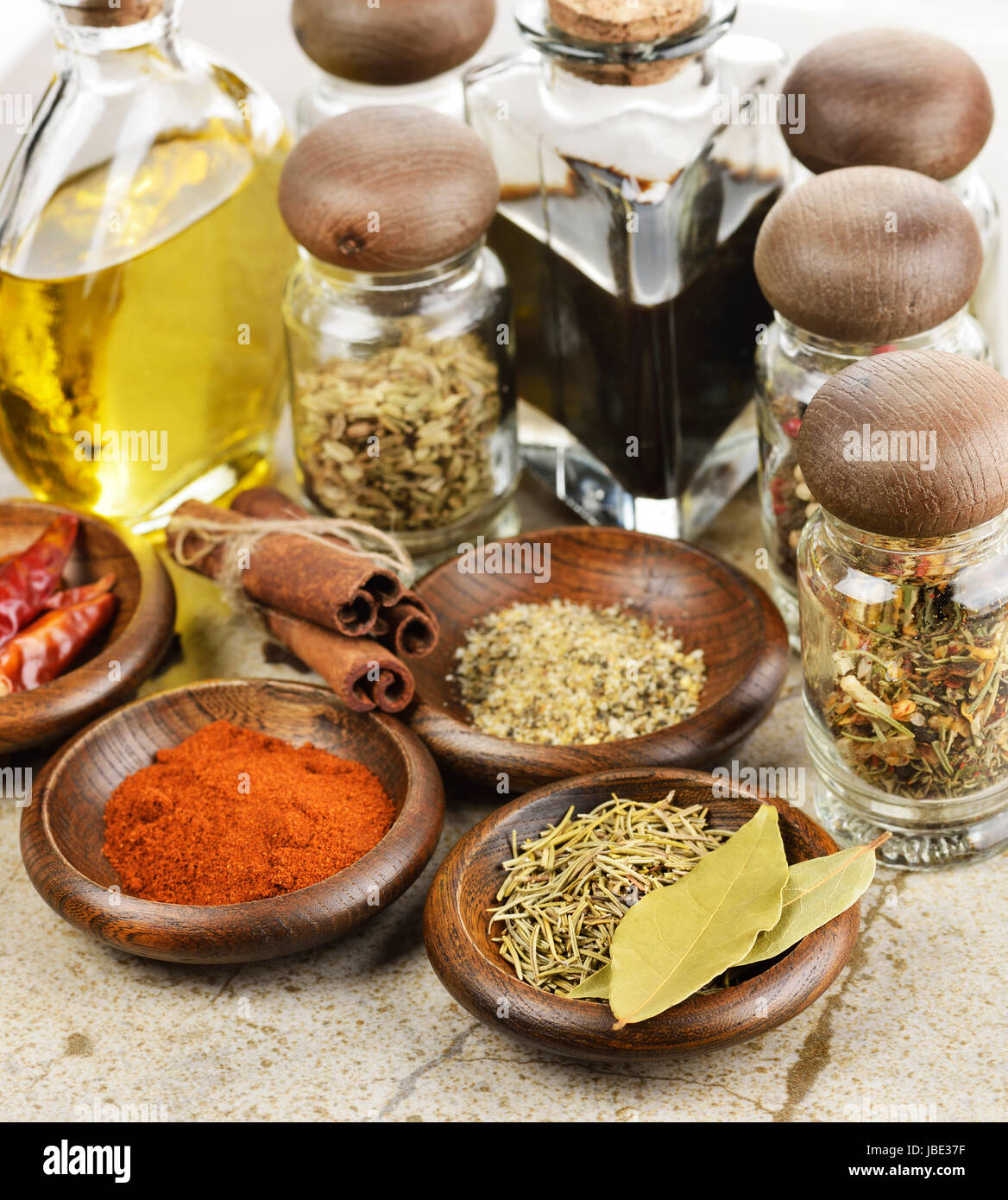 Assortment Of Spices Cooking Oil And Vinegar Stock Photo - Alamy