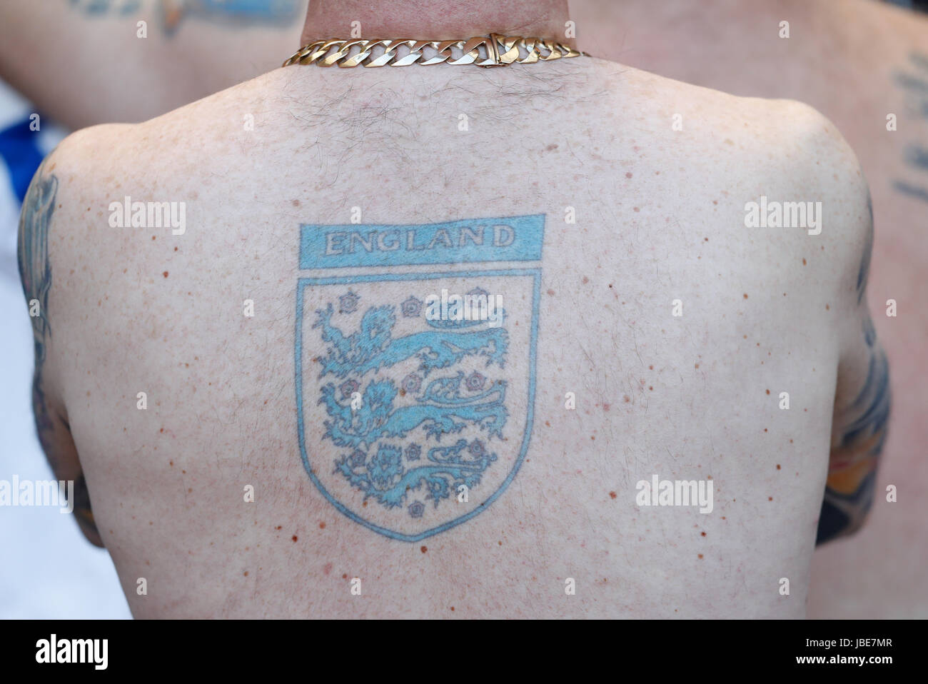 A general view of a England supporters back tattoo during the 2018 FIFA ...