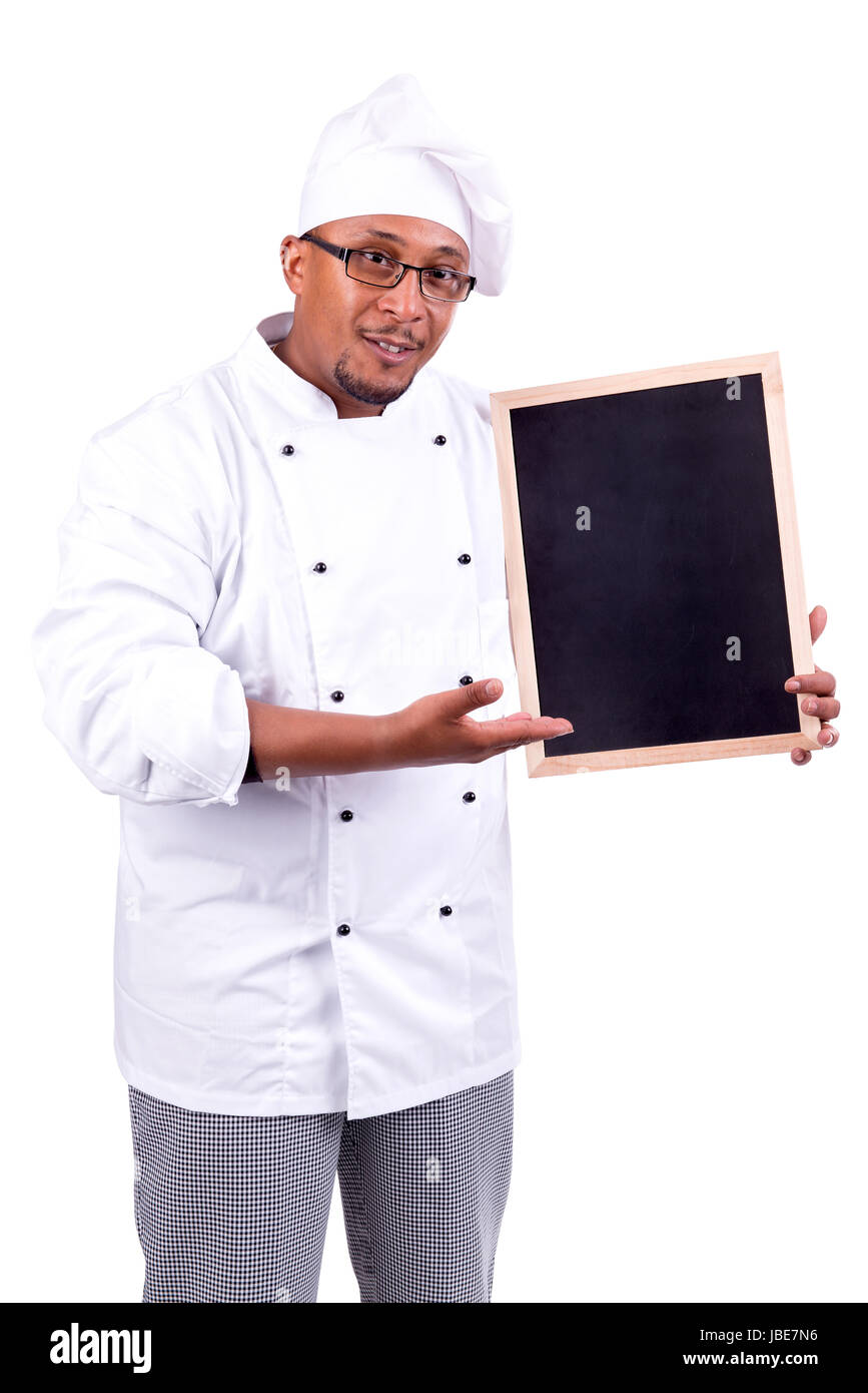 Male chef with menu board isolated in white Stock Photo - Alamy