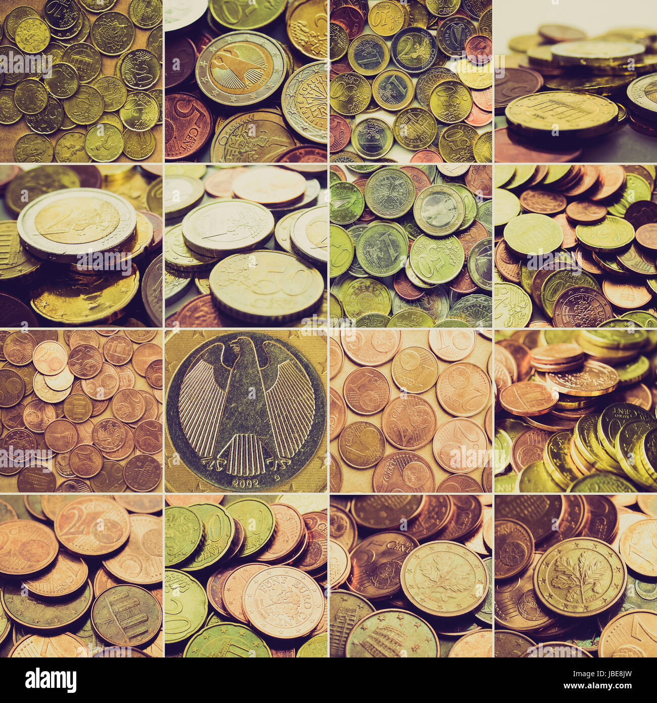 Vintage retro looking Euro money collage with coins (European currency ...
