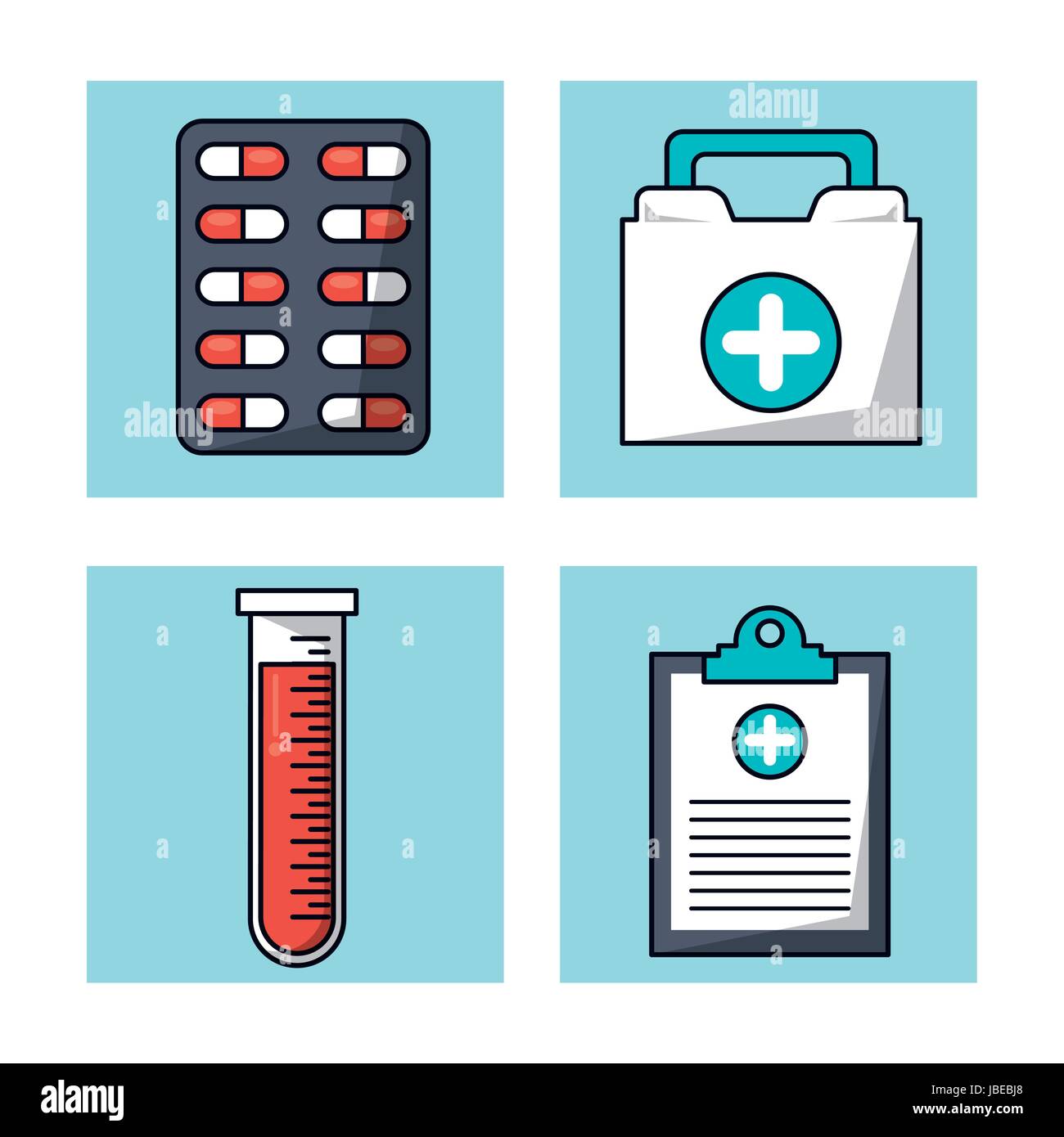 white background with frames with pills and first aid kit and test tube ...