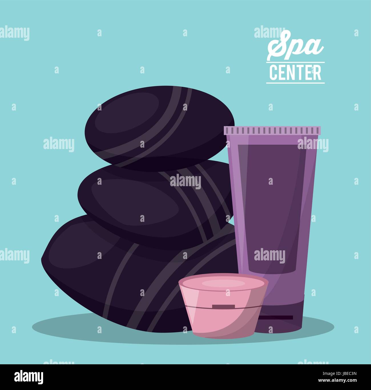 color poster of spa center with black stones and kit of body cream ...