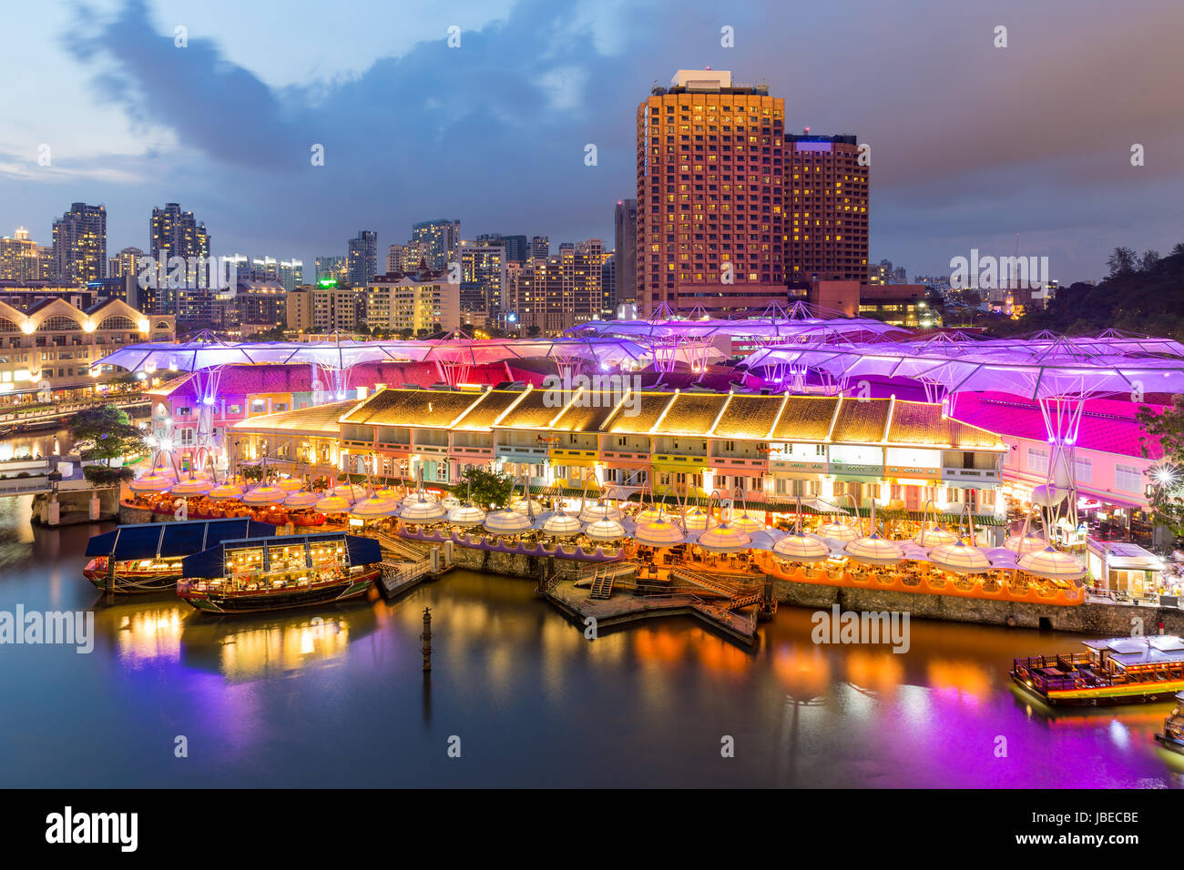 Colorful light building at night in Clarke Quay, Singapore. Clarke Quay ...