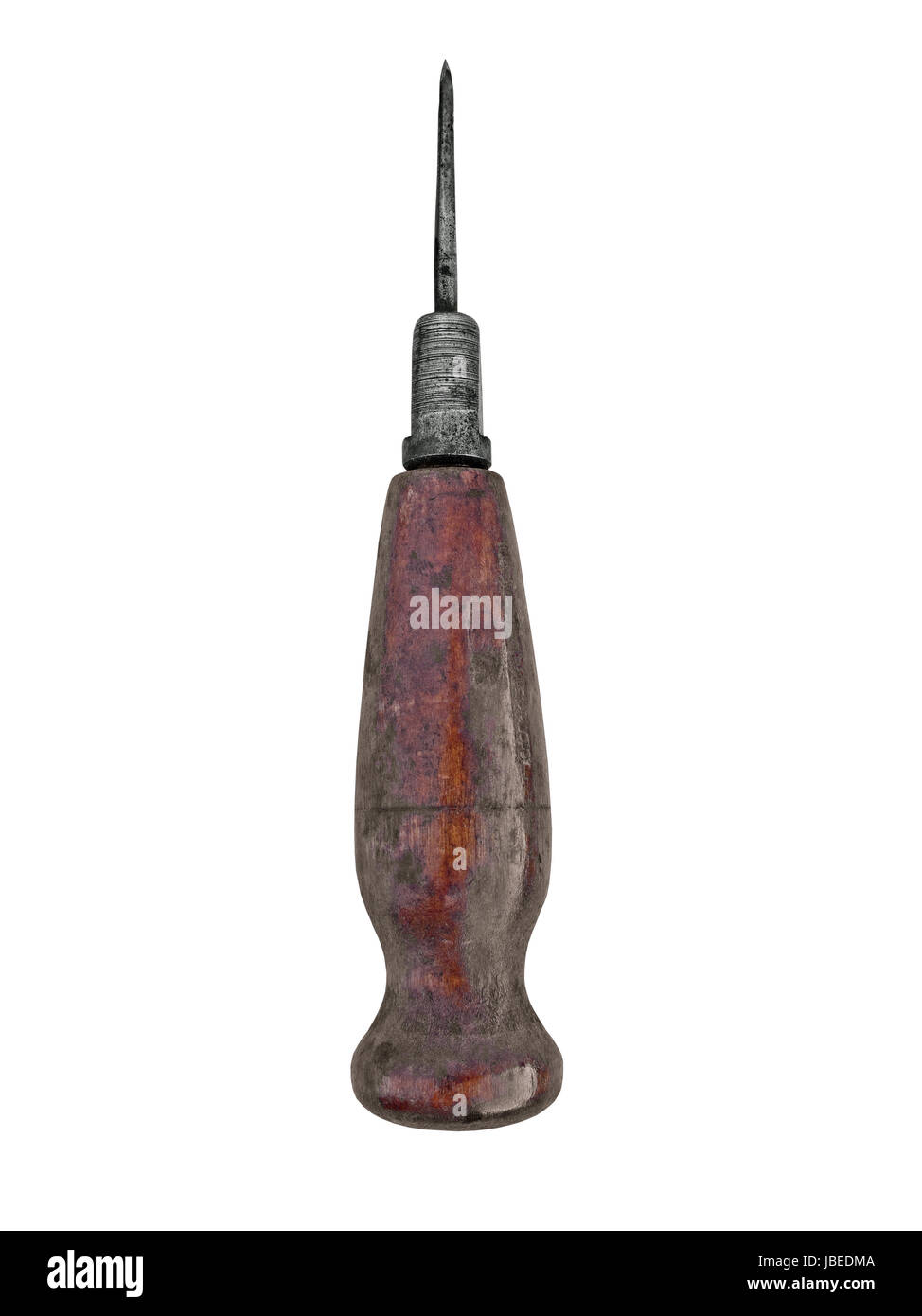 vintage 19 century rusty awl with wooden handle over white, clipping ...
