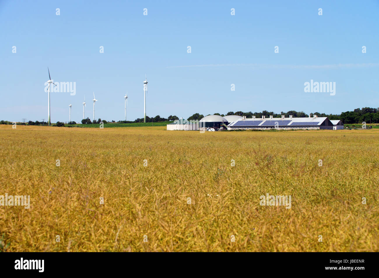 Biogas facility and wind turbines Stock Photo - Alamy