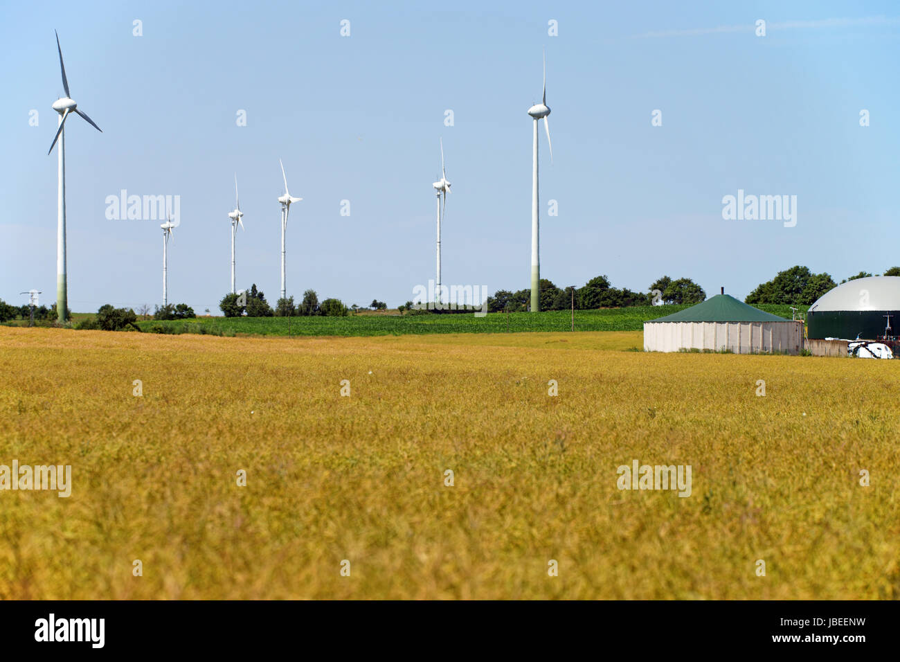 Biogas facility and wind turbines Stock Photo - Alamy