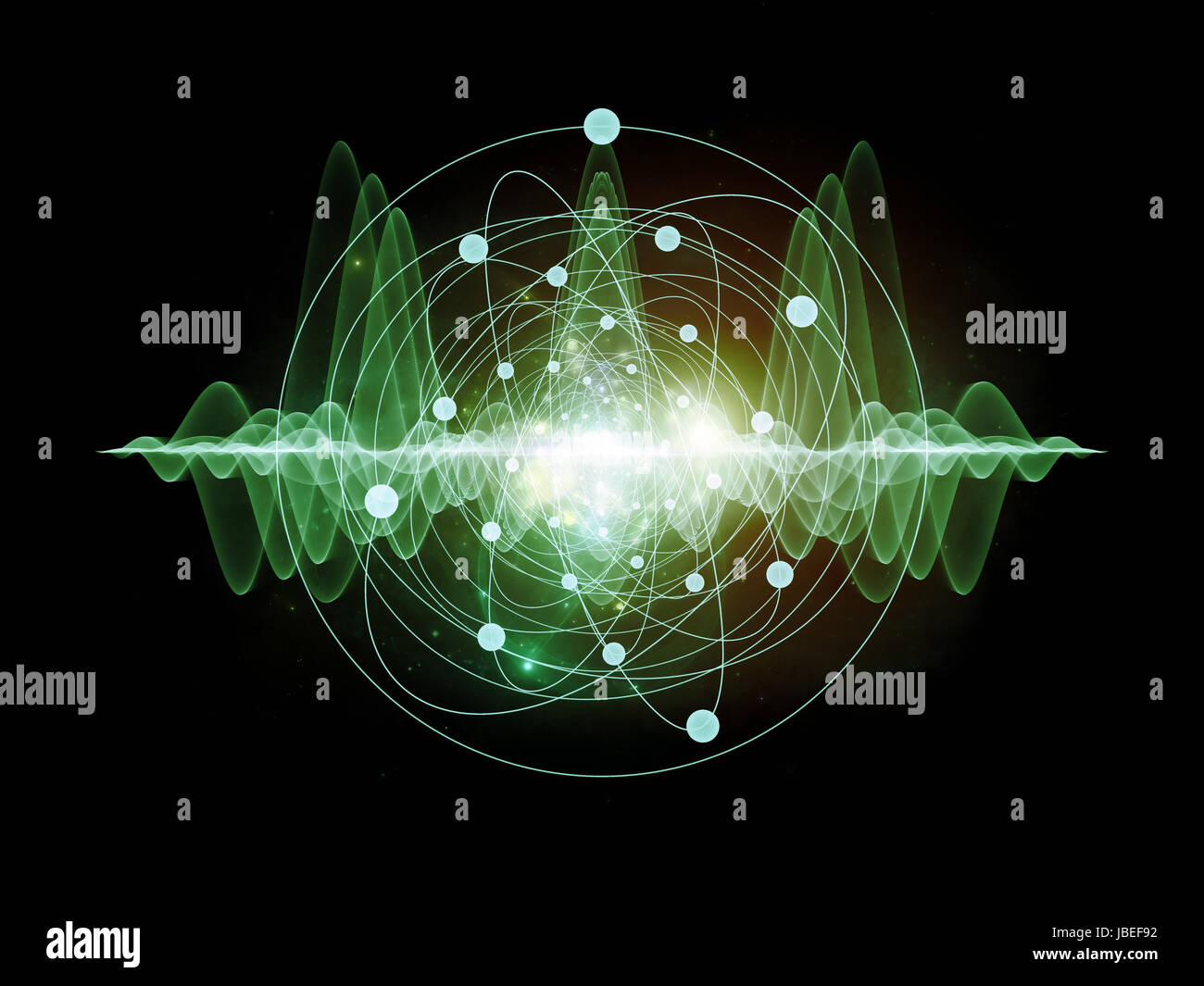 Abstract concept of atom and quantum waves illustrated with fractal ...
