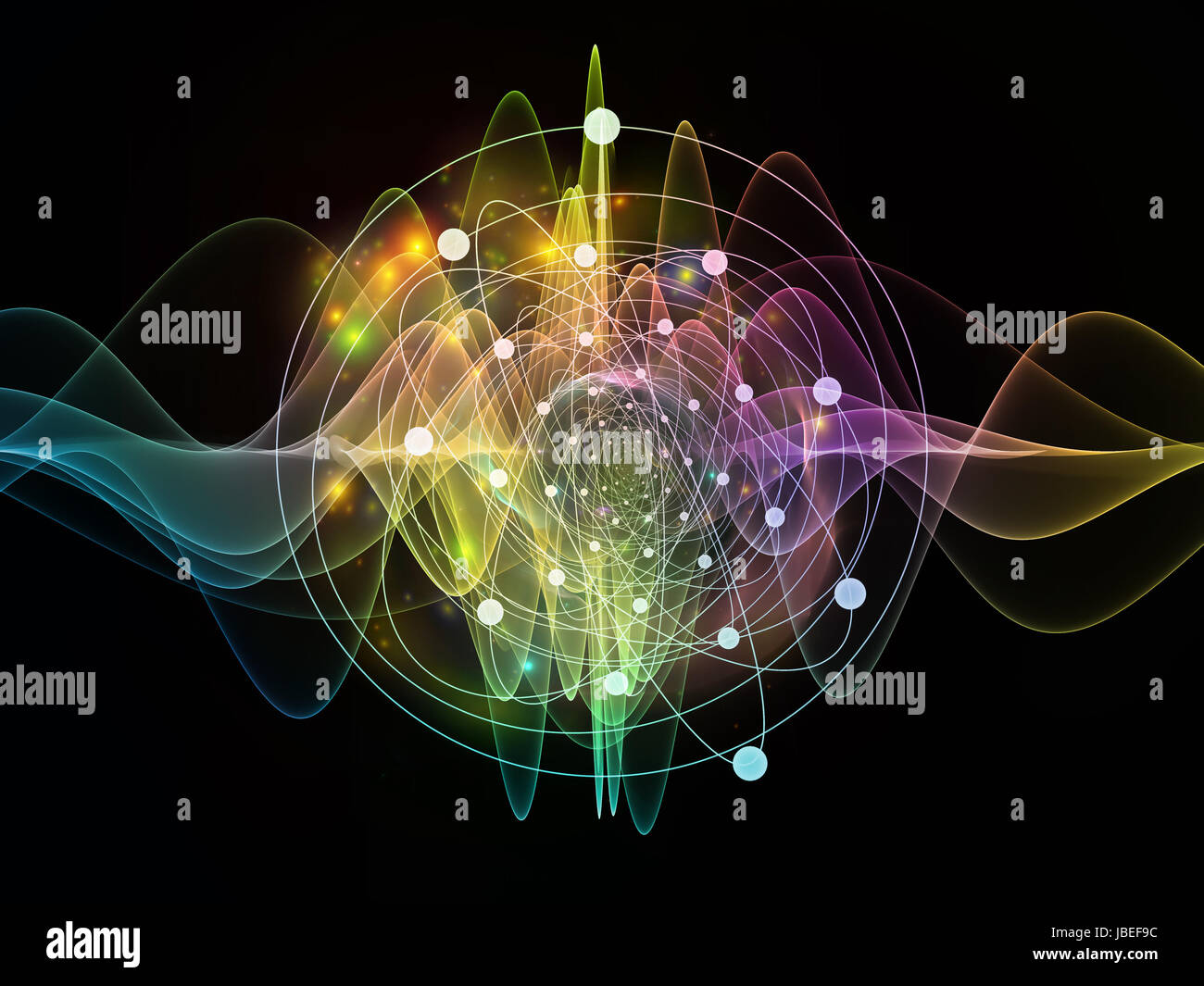 Abstract concept of atom and quantum waves illustrated with fractal ...