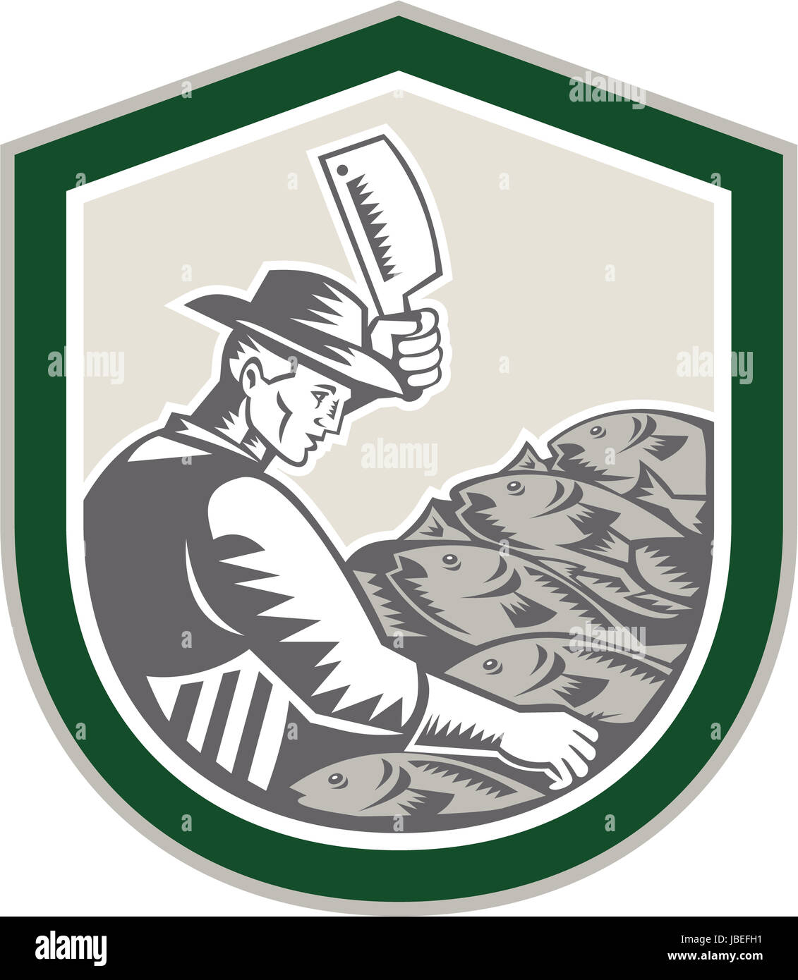 Illustration of a butcher fishmonger worker fish facing side chopping ...