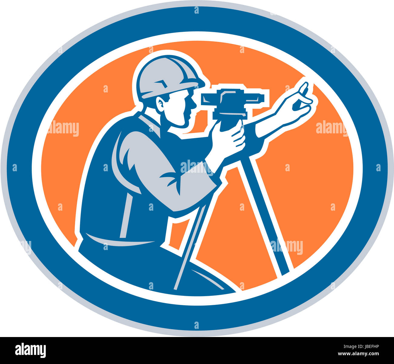Illustration of a surveyor geodetic engineer looking thru total station ...
