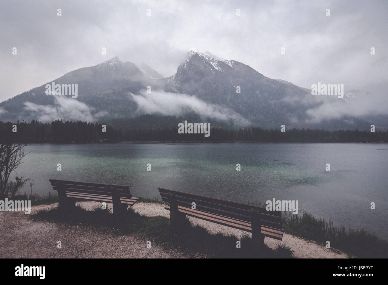 two benches in front of rotpalfen lake hintersee Stock Photo - Alamy