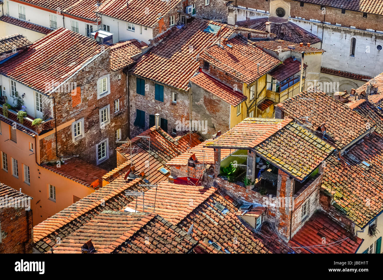 Detail view of traditional Italian town roofs and houses, Lucca, Italy ...