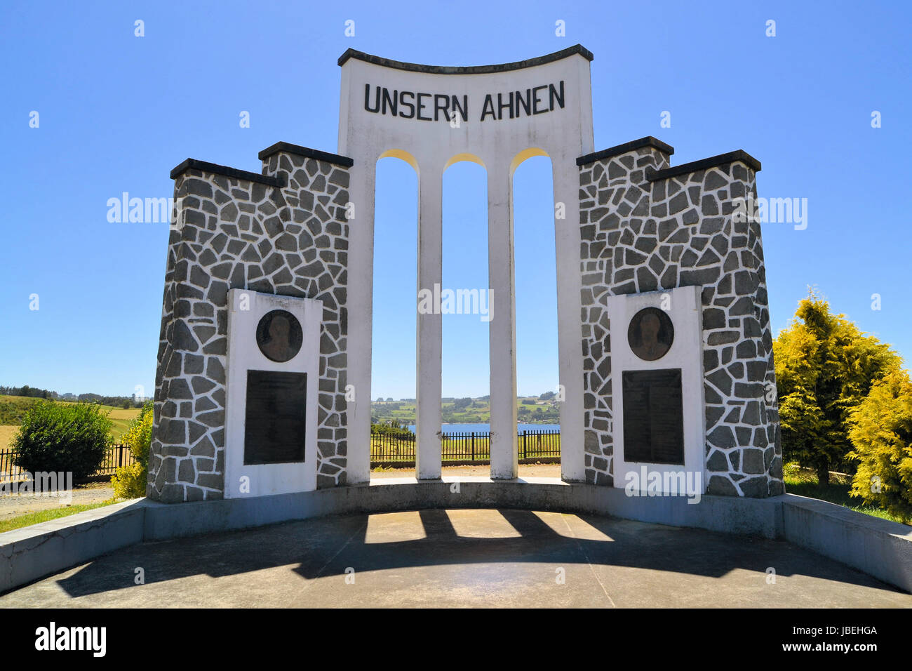 Monument for German immigrants in Chile near lake Llanquihue between ...