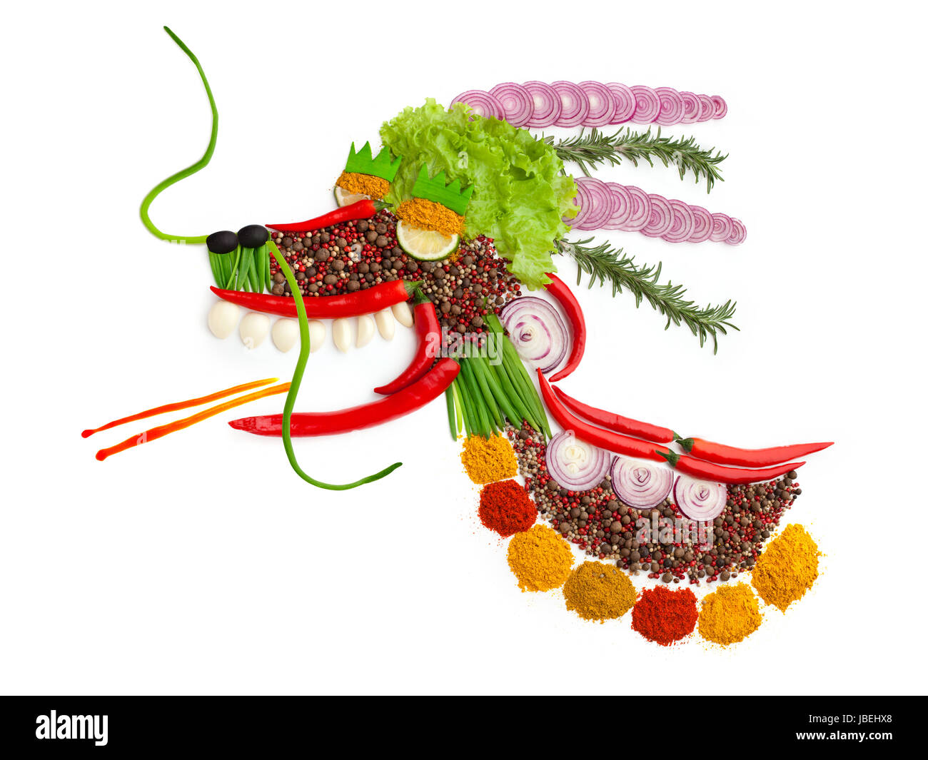 A food concept of a dragon made of spices isolated on white Stock Photo ...