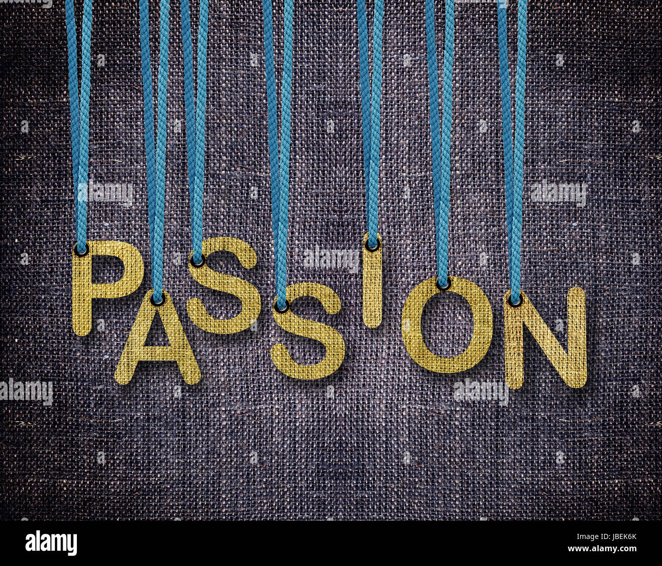 Passion Letters hanging strings with blue sackcloth background Stock ...